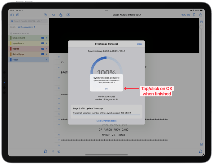How do I sync a transcript with the video of a deposition and edit clips?